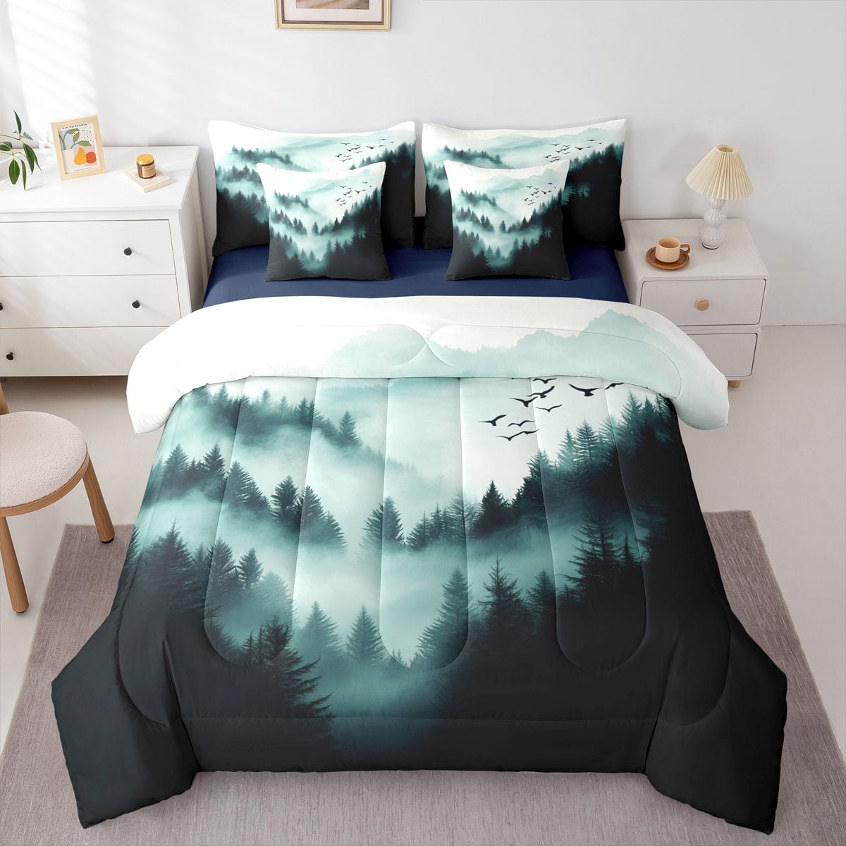 Homewish 3D Pine Tree Bedding Comforter Set 7-Piece for Adult, Black ...