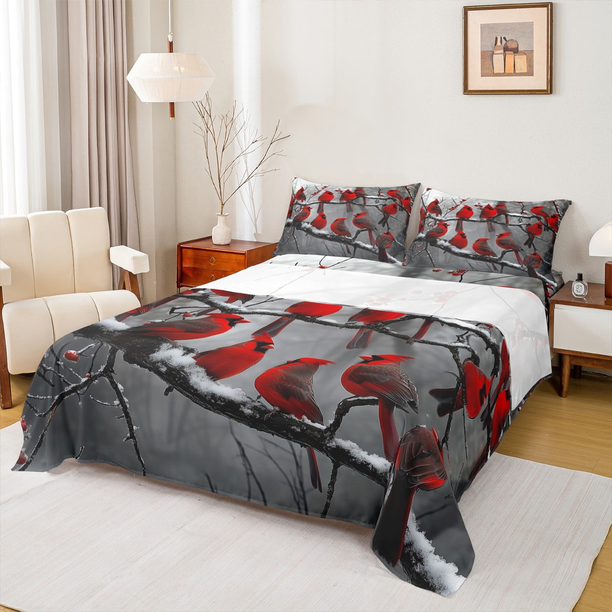 Homewish 3D Red Robin Full Size Sheets for Women, Winter Rustic Bird ...