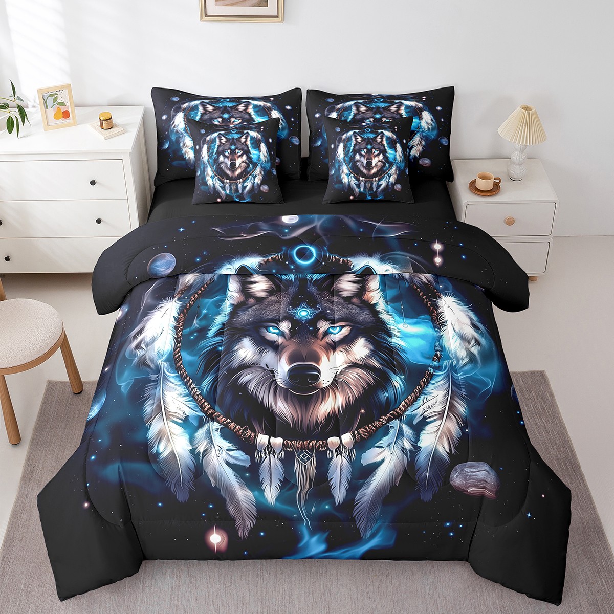 Homewish 3D Tribal Wolf Bedding Comforter Set 7pcs, Mystic Outer Space ...