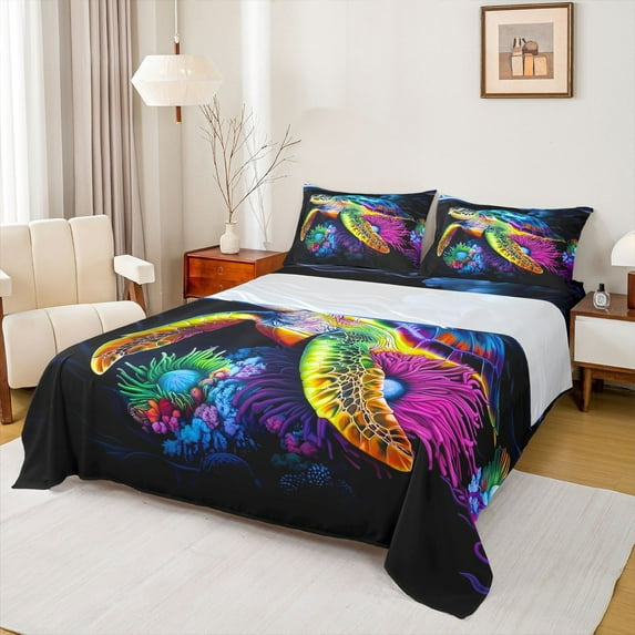 Homewish 4D Sea Turtle Bed Sheets, Coral Plant Botanical King Sheets ...