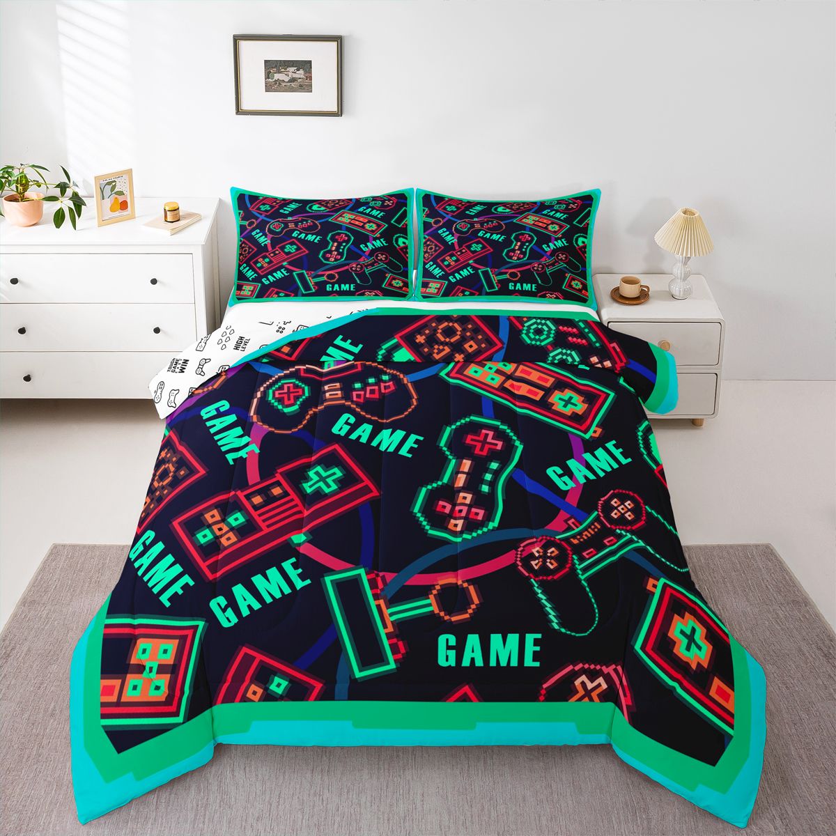 Homewish Abstract Gamer Full Size Comforter Sets 3-Piece for Teens Boys ...