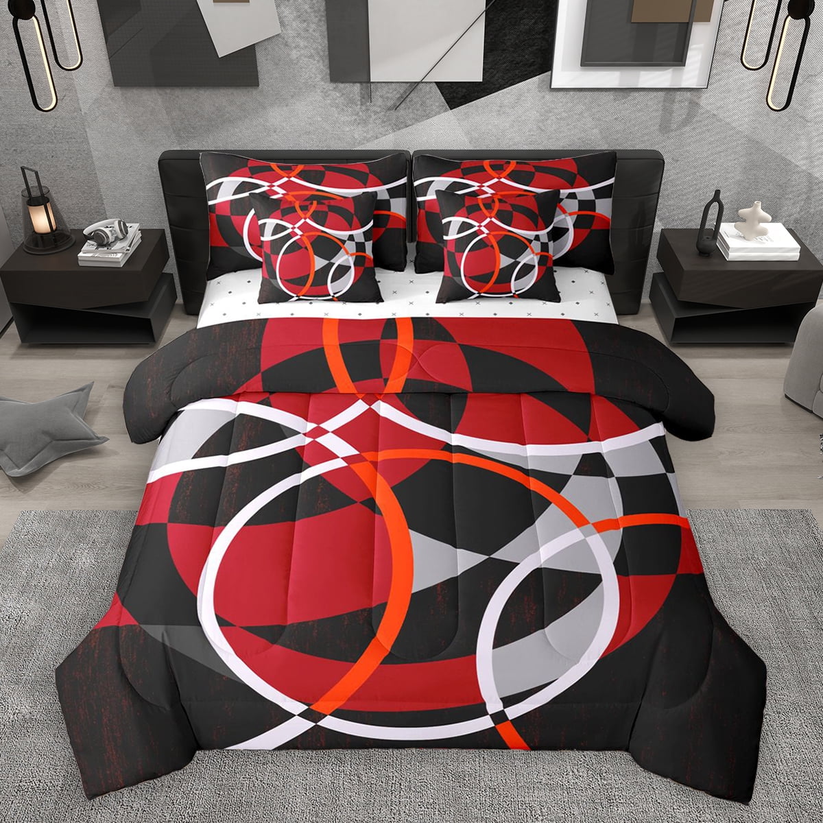 Homewish Abstract Geometric 7-Piece Bedding Comforter Set,Red Black ...