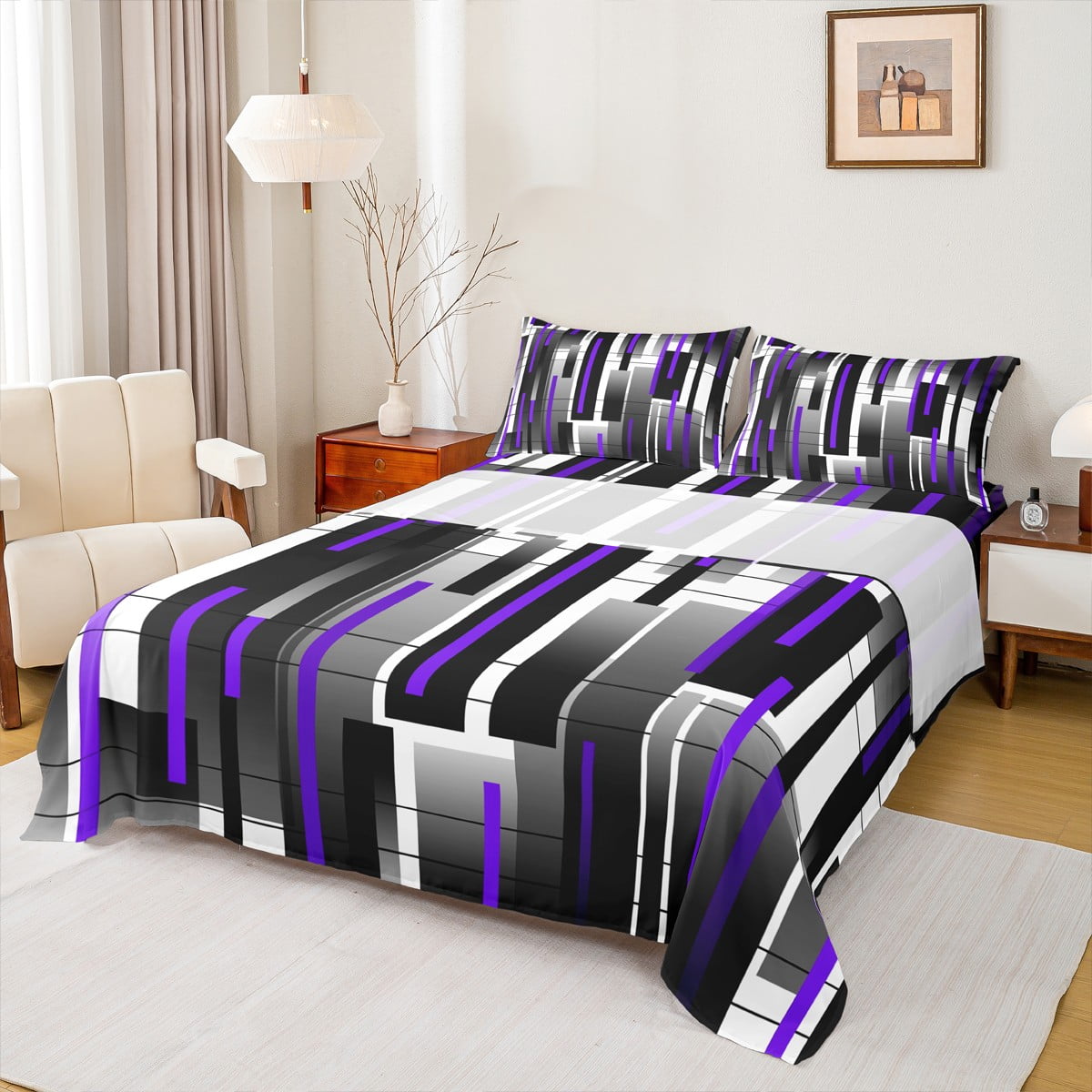 Homewish Abstract Geometric Striped Queen Sheet Sets,Line Pattern Flat ...
