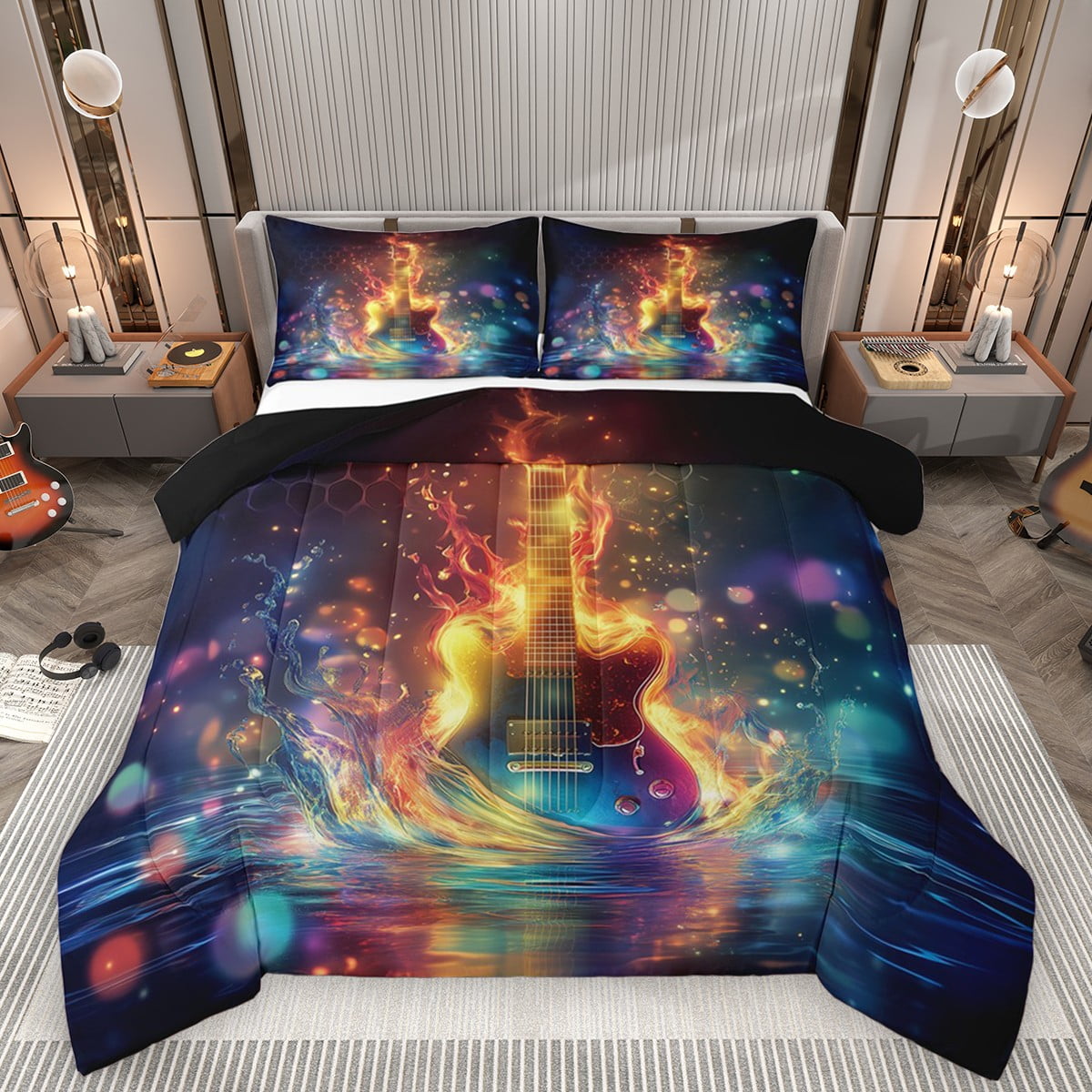 Homewish Abstract Guitar 3 Pieces Queen Comforter Set For Teens Boys ...