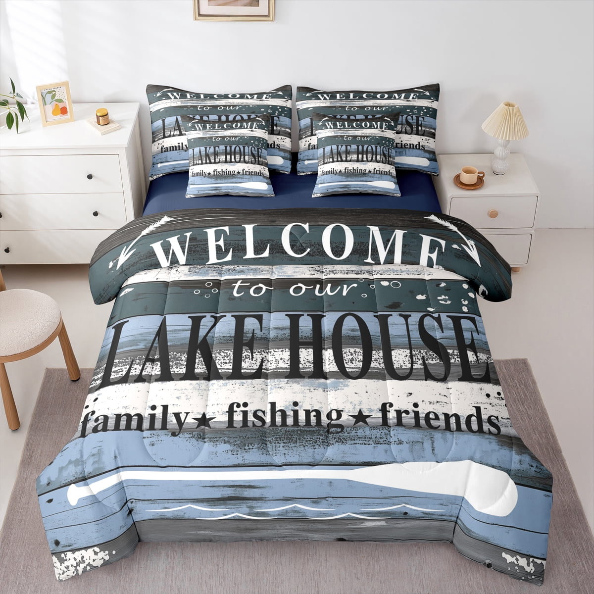 Homewish Adult Hunting and Fishing Bedding Comforter Set 7-Piece, Blue ...