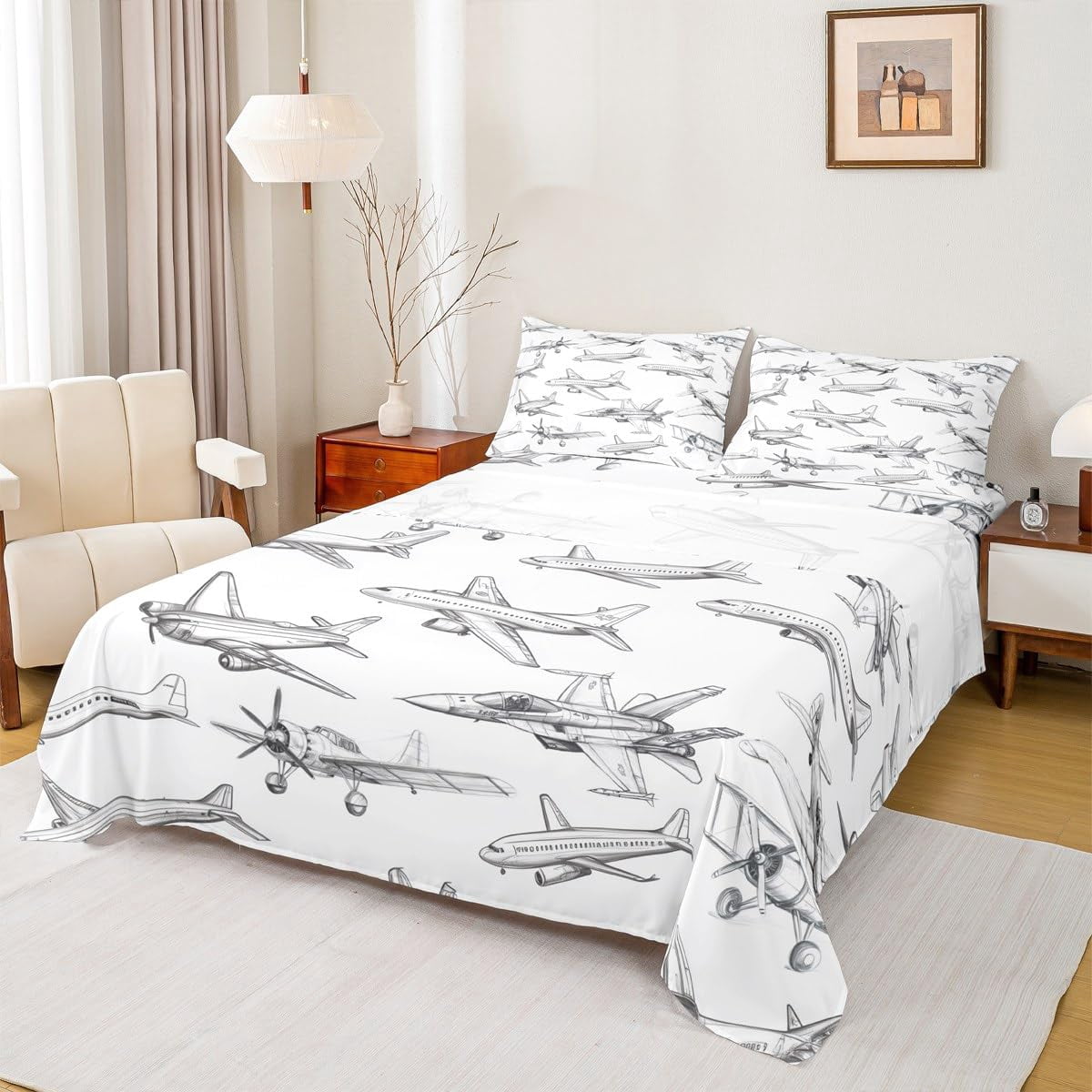 Homewish Airplane Sheet Sets Full Size Aircraft Bedding Set 4Pcs for ...