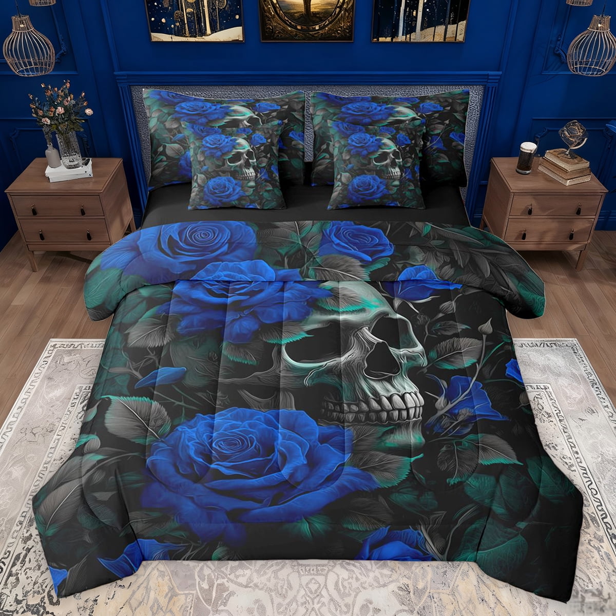 Homewish Anniversary Blue Rose Bedding Comforter Set 7 Pieces, Western ...