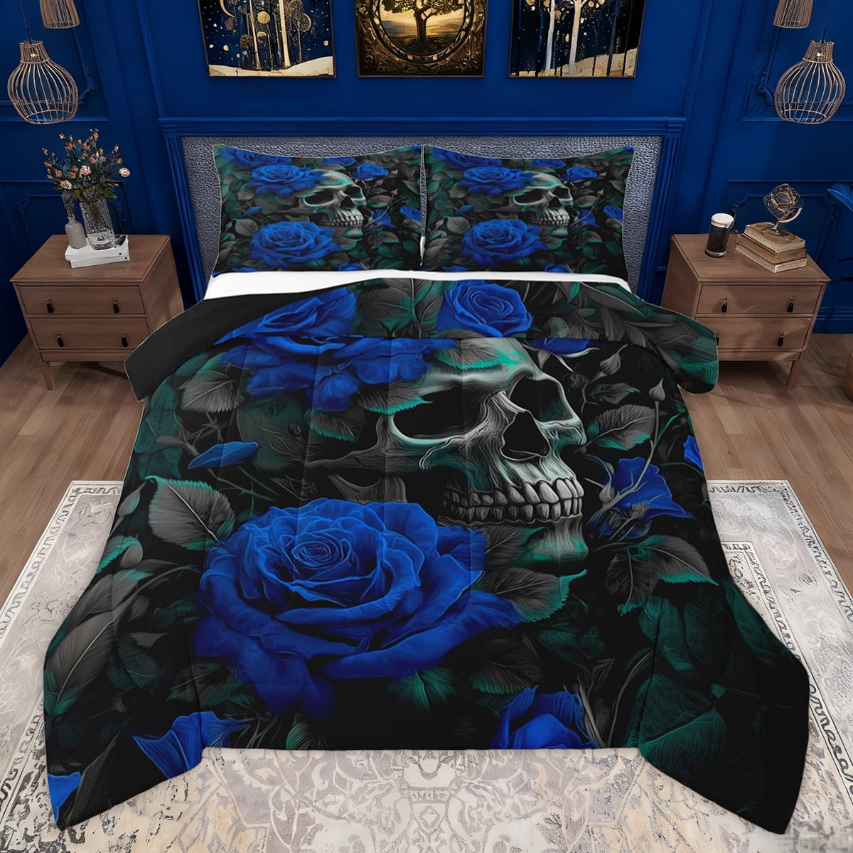 Homewish 3pcs Blue Rose Queen Comforter Set, Western Skeleton Skull ...