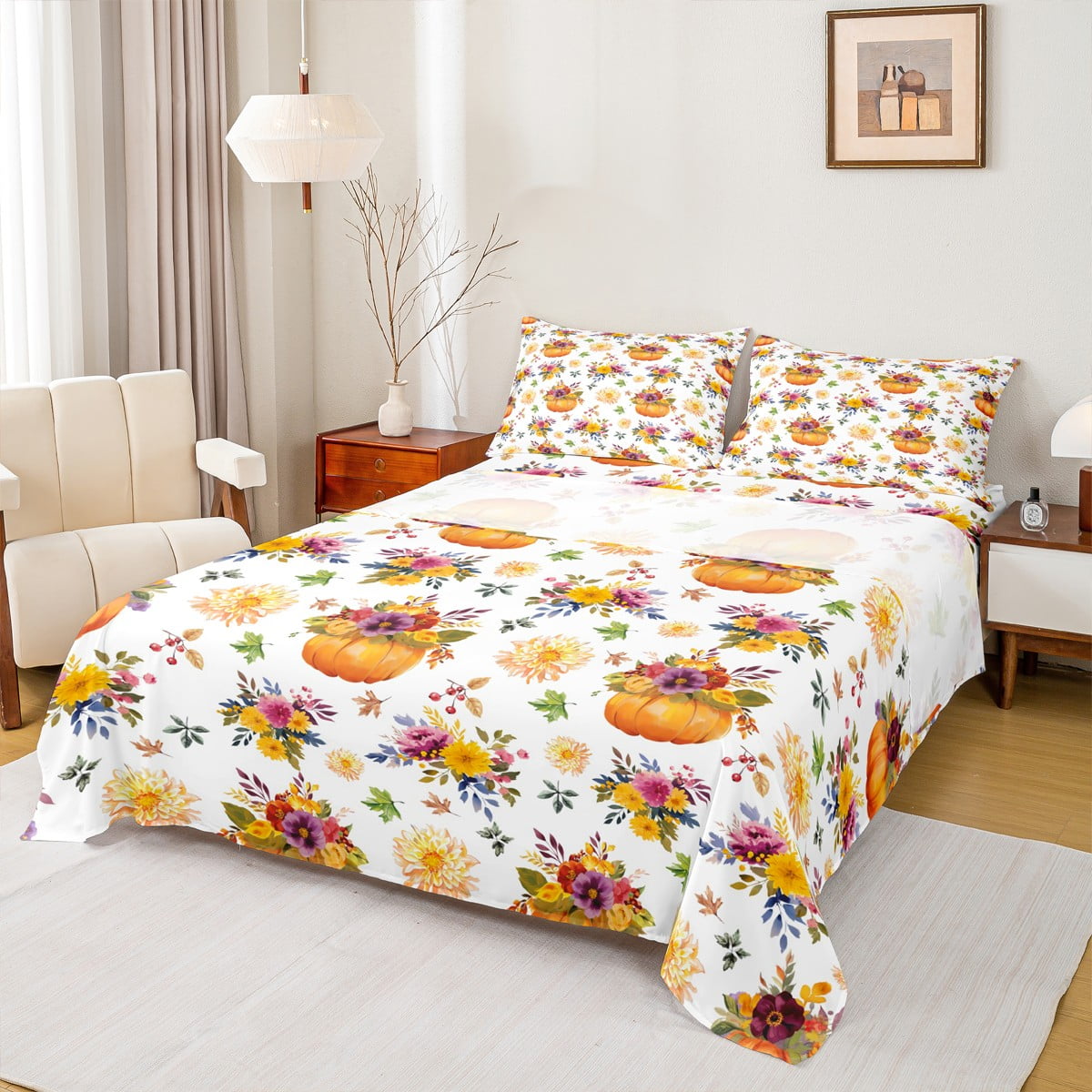Homewish Autumn Fall Pumpkin Full Size Sheets,Rustic Farmhouse Cabin ...