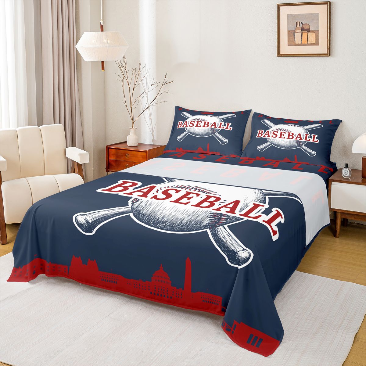 Homewish Ball Sports Player Bed Sheets, Navy Crismon Cartoon Baseball ...