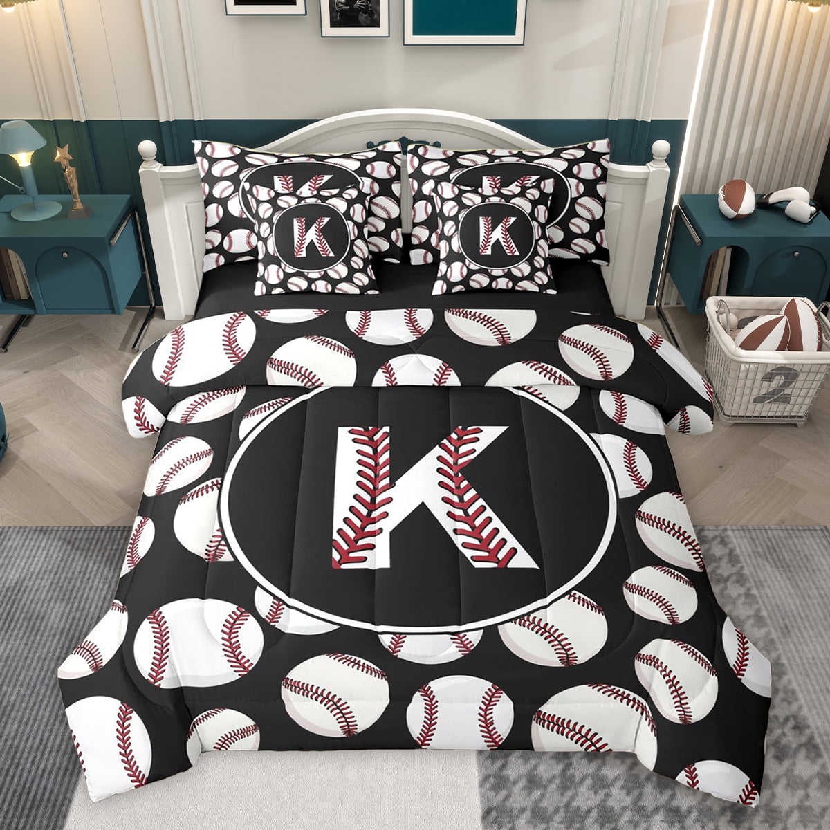 Homewish Baseball Initial Letter Bedding Comforter Set 7pcs, Cartoon ...