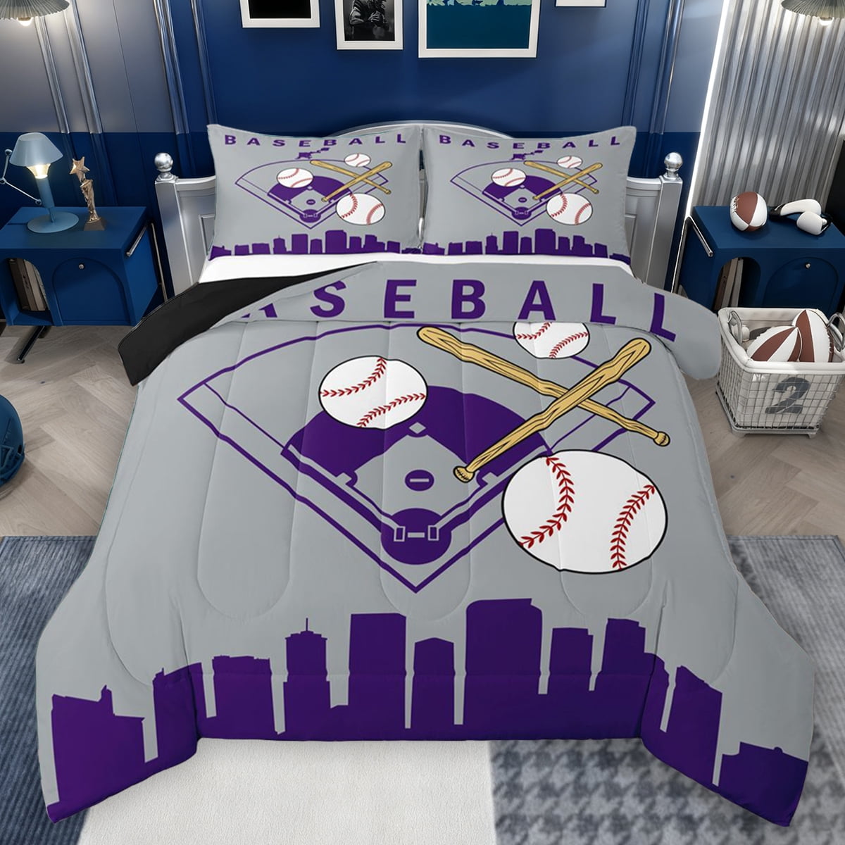 Homewish Baseball Print Bedding Comforter Set for Teen, Vintage Ball ...