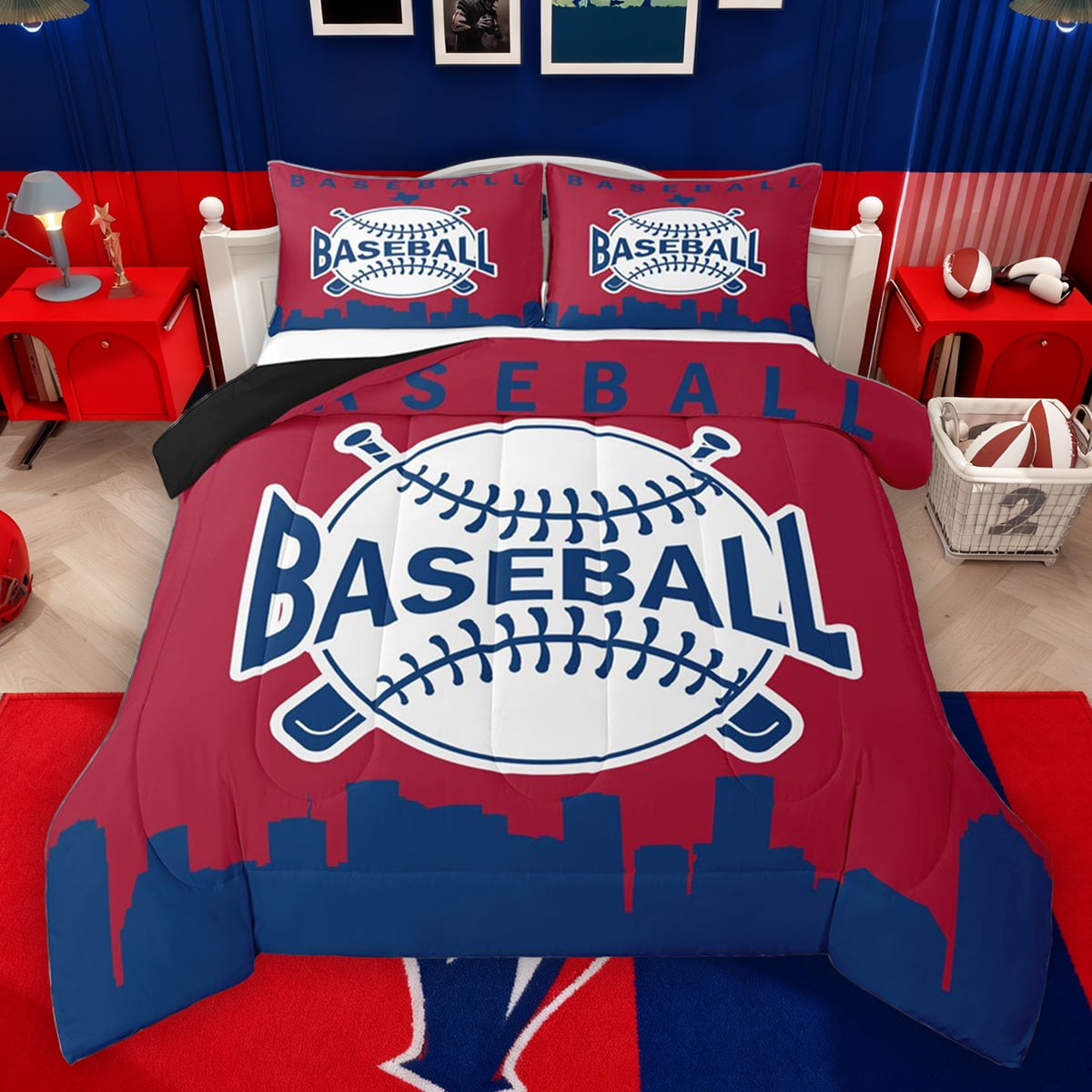 Homewish Baseball Print Kids Queen Comforter Set, Cartoon Ball Game ...