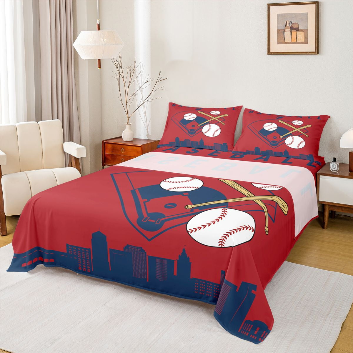 Homewish Baseball Print Queen Sheet Sets for Teen, Vintage Ball Sports ...