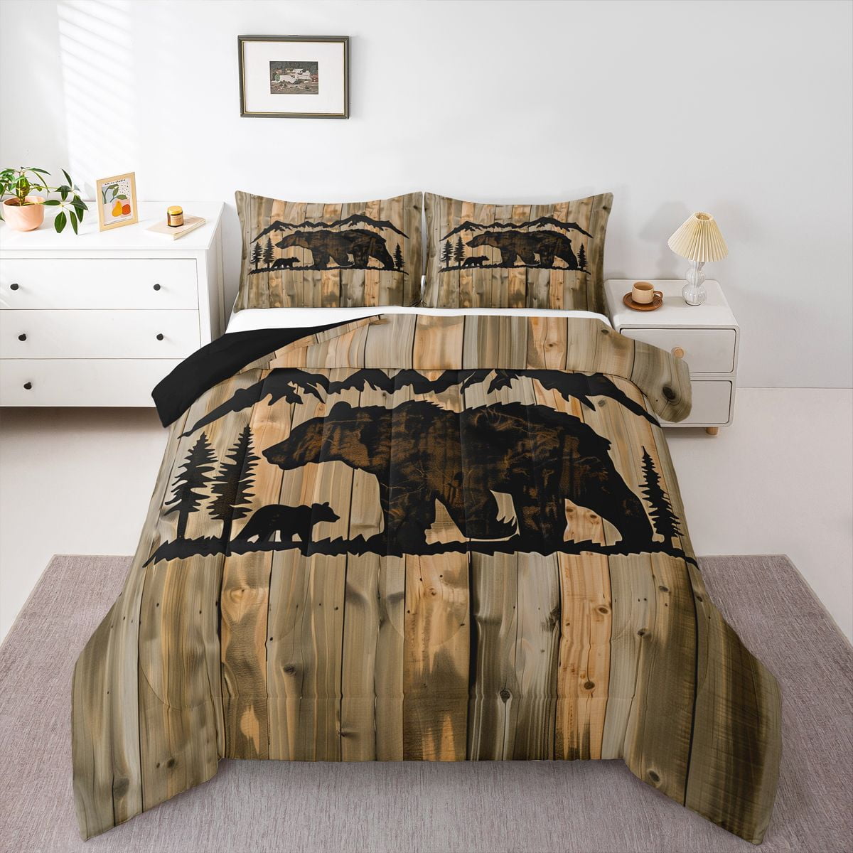 Homewish Bear Silhouette Queen Comforter Set,Rustic Old Barn Door ...