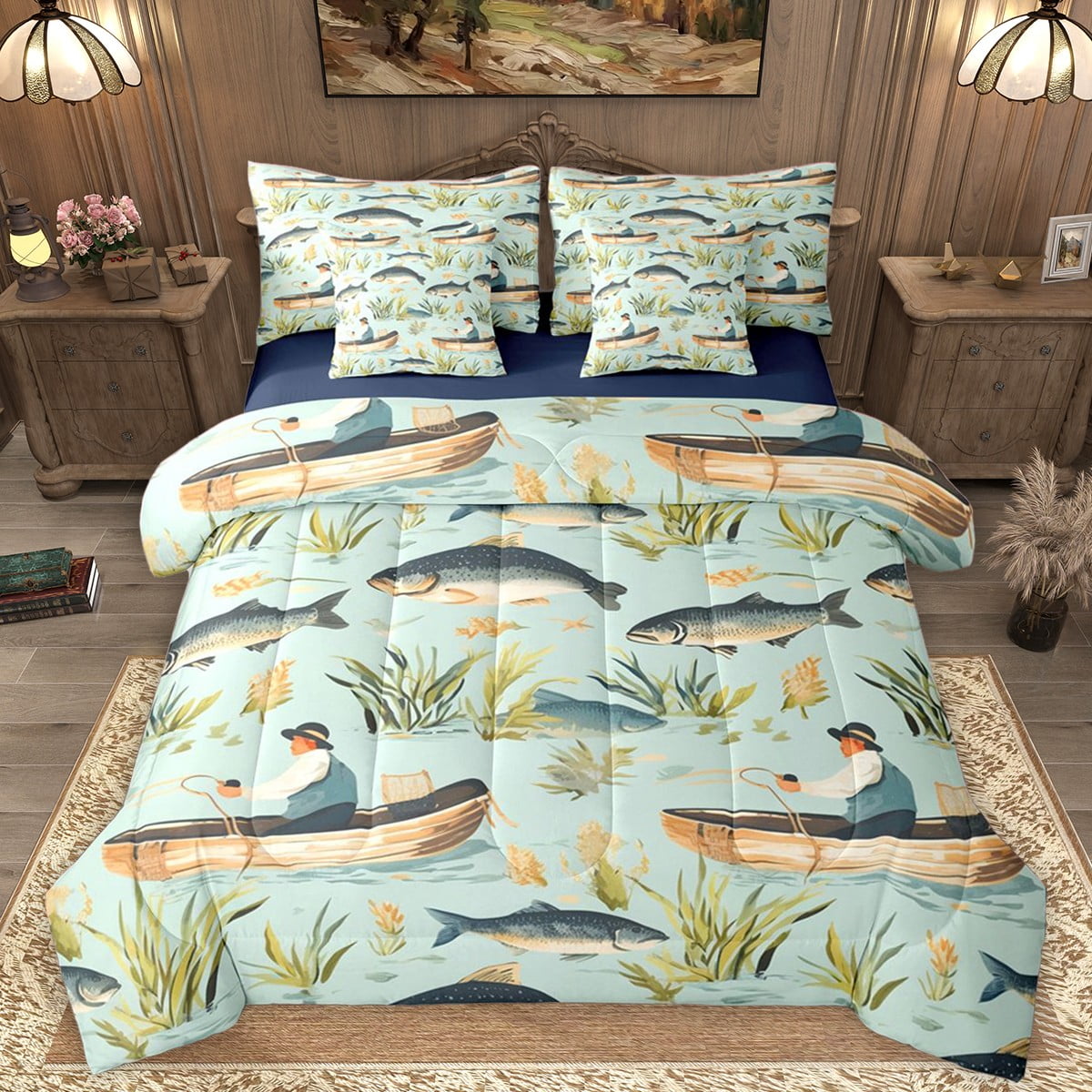 Homewish Big Bass Fish 7-Piece Full Bedding Set - Lake House Fishing ...