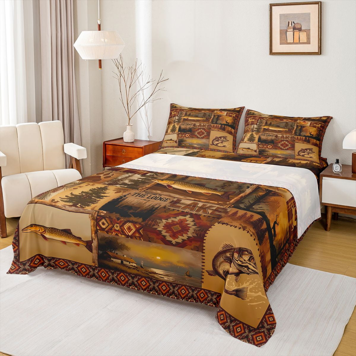 Homewish Big Pike Fish Bed Sheets,Rustic Lake House King Sheets,Hunting ...