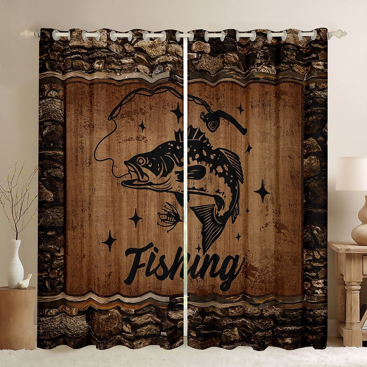 Homewish Big Pike Fish Curtains Pack of 2 (42x84 Each),Rustic Farmhouse ...