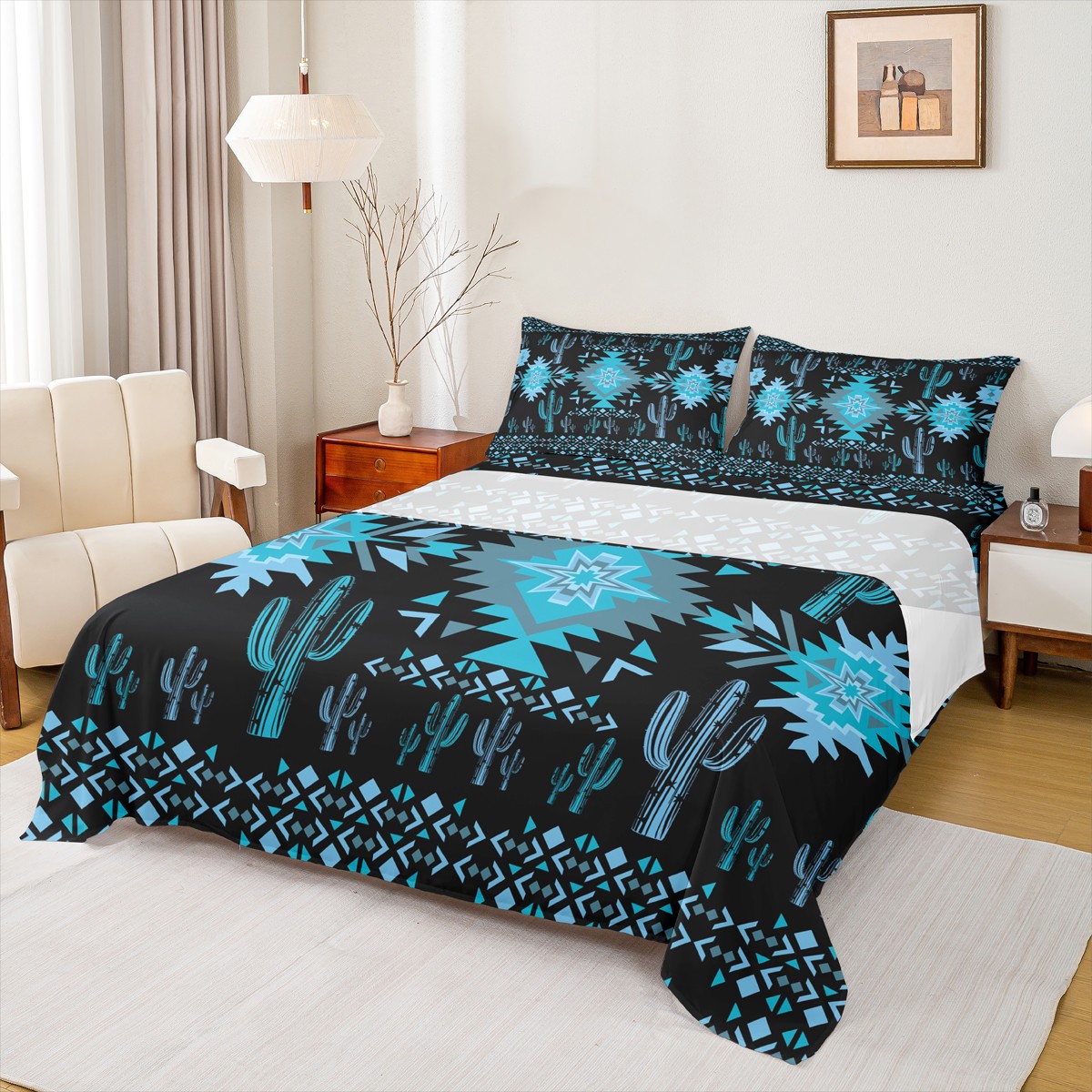 Homewish Black Cyan Aztec Bed Sheets for Women, Boho Tribal Abstract ...