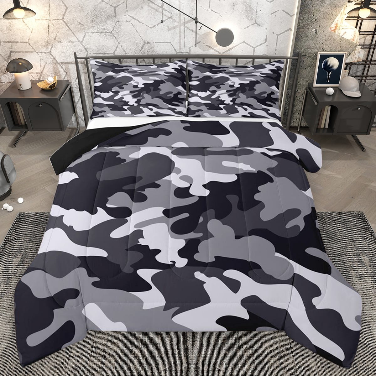 Homewish Black Grey Camo Full Size Comforter Sets 3-Piece for Boys ...