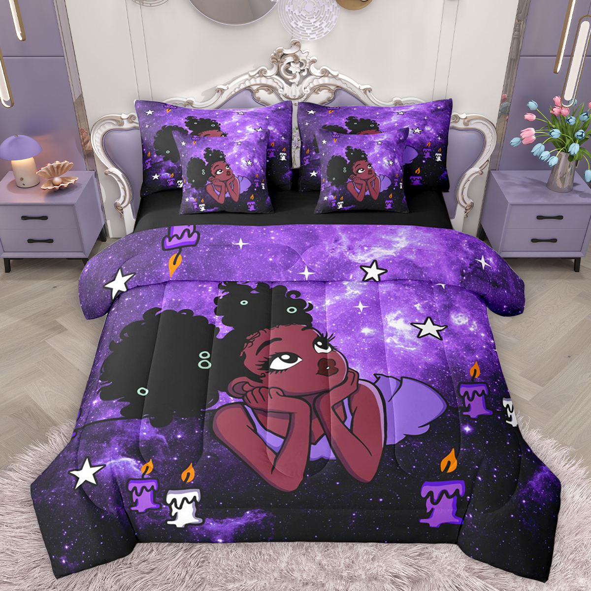 Homewish Black Princess 7-Piece Twin Bedding Sets,Galaxy Starry Night ...