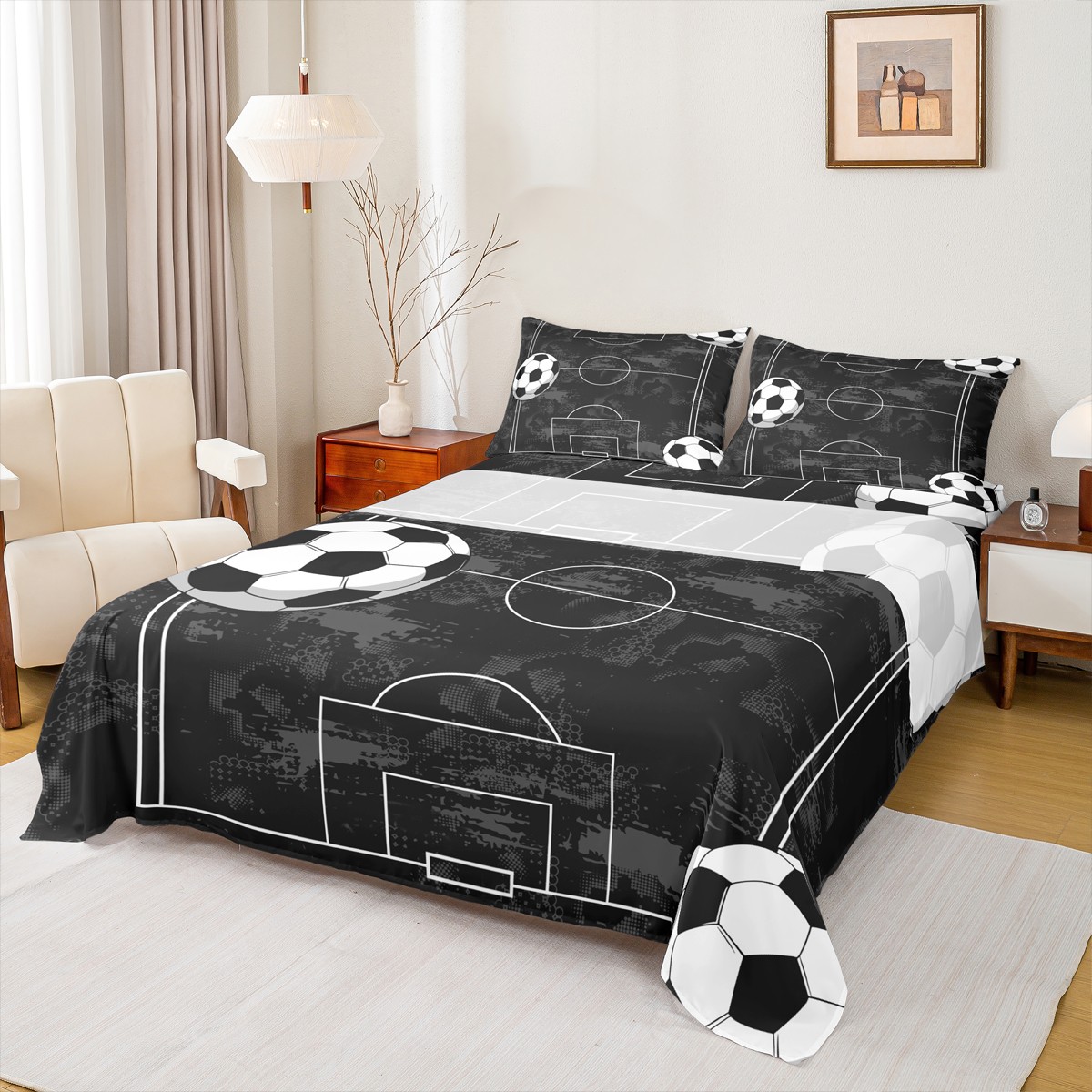 Homewish Black White Football Queen Sheet Sets for Kids, Cartoon Soccer ...