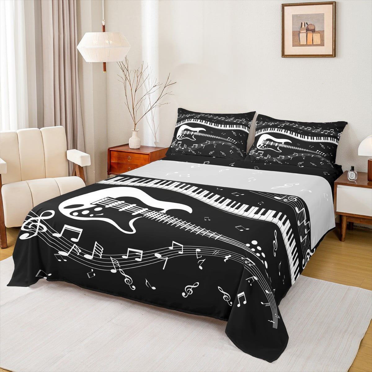 Homewish Black White Guitar Bed Sheets for Kids, Cartoon Musical Note ...