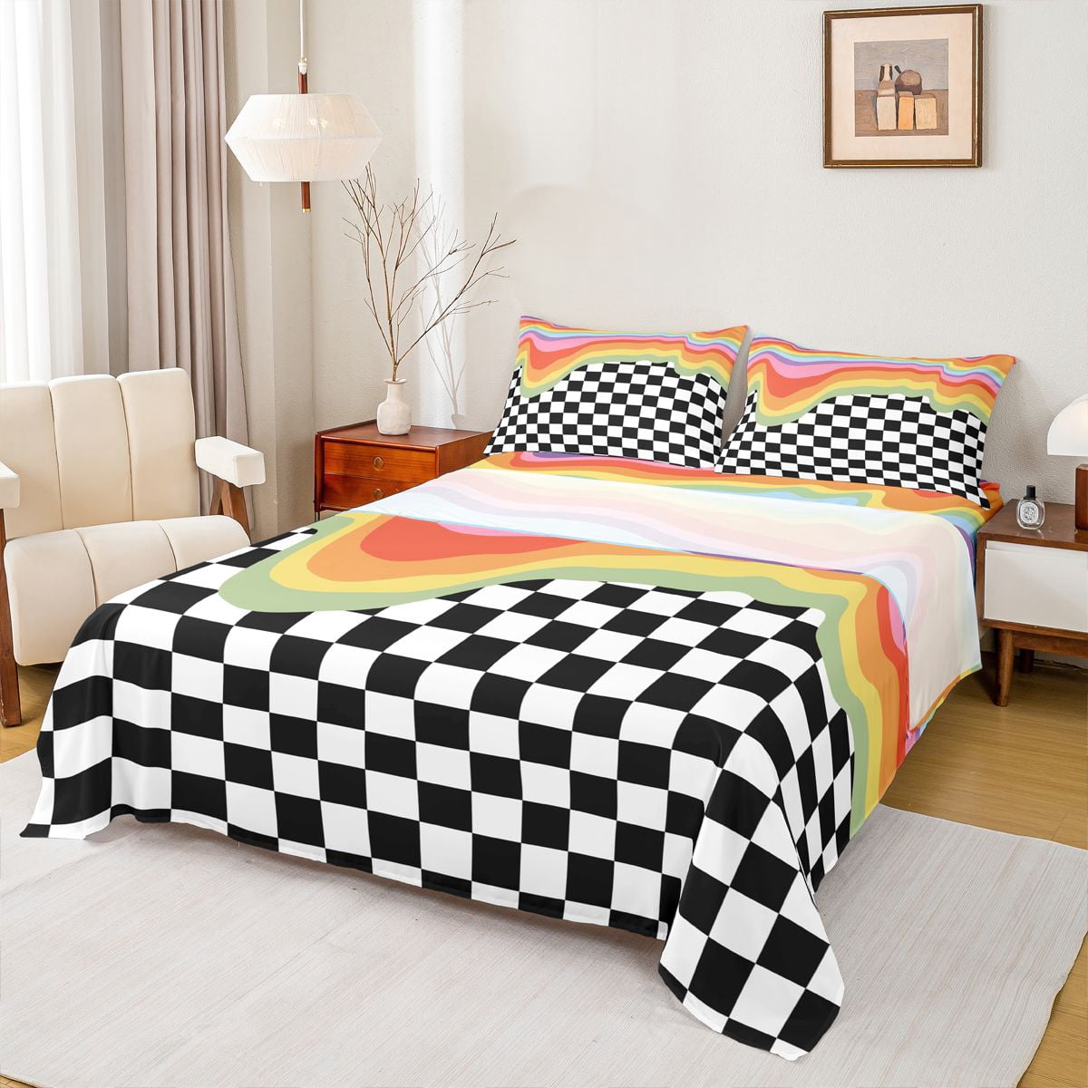 Homewish Black White Square Buffalo Queen Sheet Sets for Kids, Kawaii ...