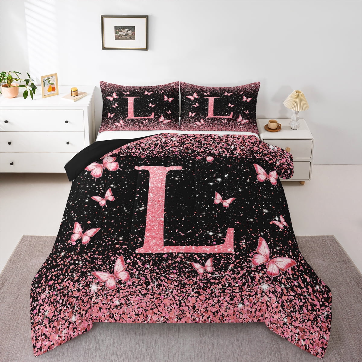 Homewish Bling Letter L Full Size Comforter Sets, Black Pink Romantic ...
