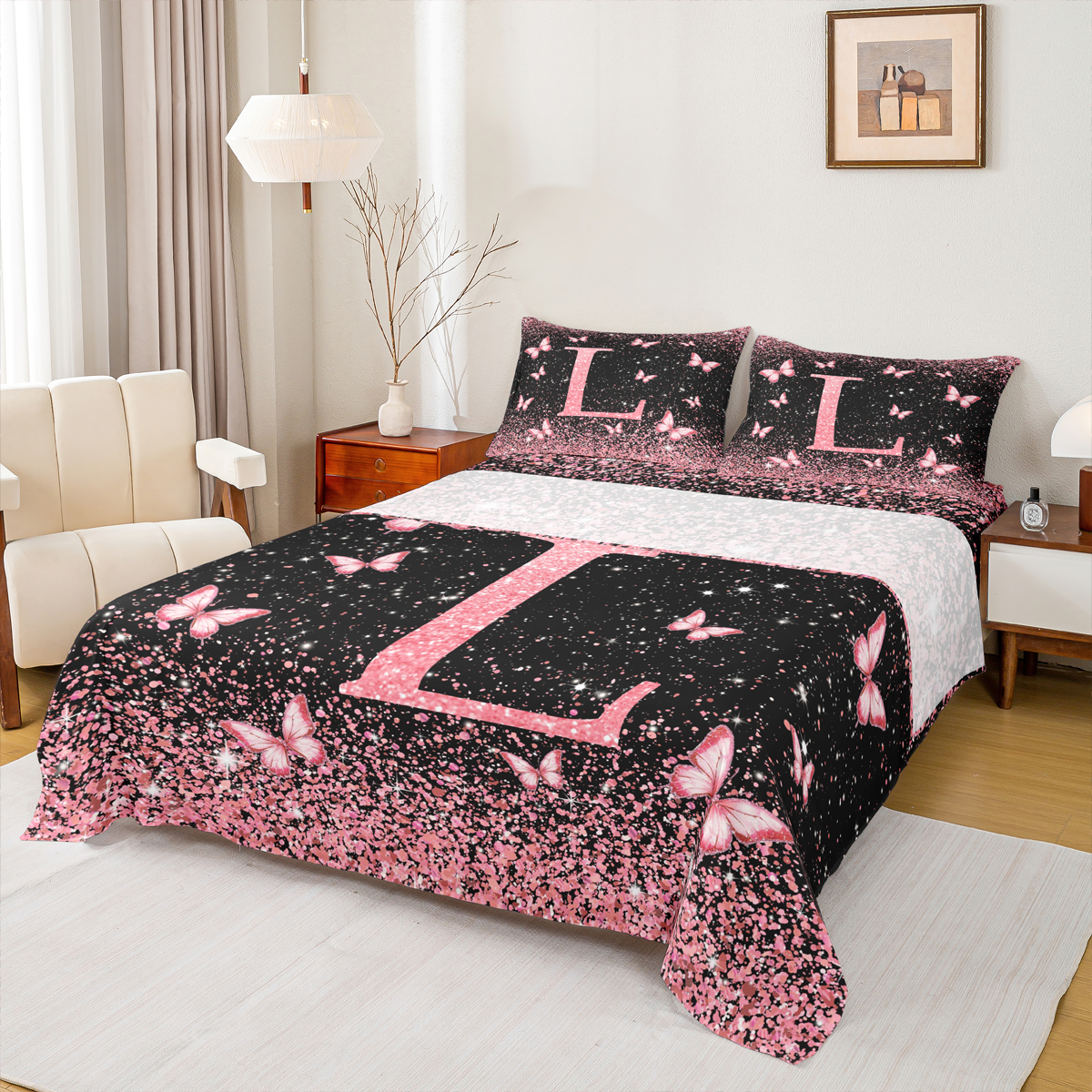 Homewish Bling Letter L Twin Sheet Sets, Black Pink Romantic Butterfly ...