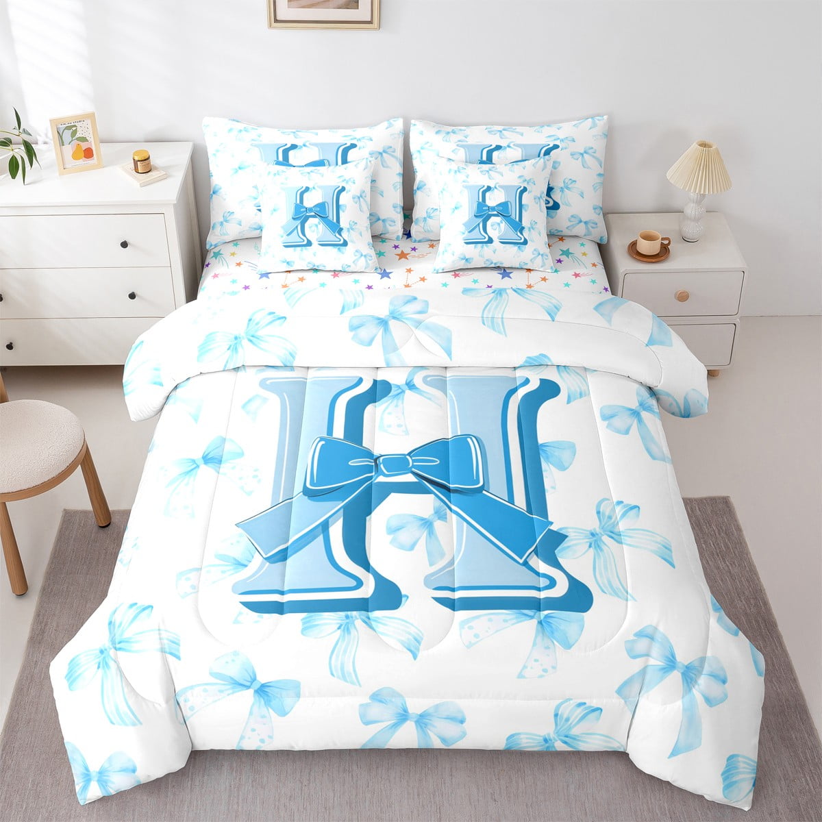 Homewish Blue Bow Initial Alphabet H 7pcs Bedding Comforter Set For ...