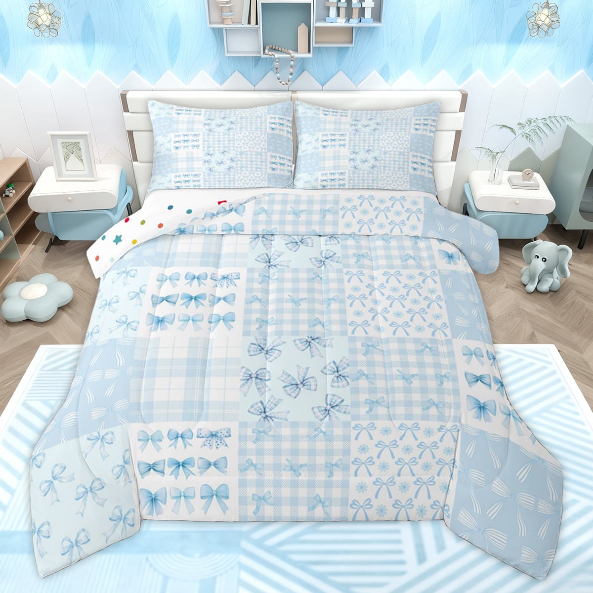 Homewish Blue Bow-tie Kids Queen Comforter Set, Buffalo Ribbon Bowknot ...
