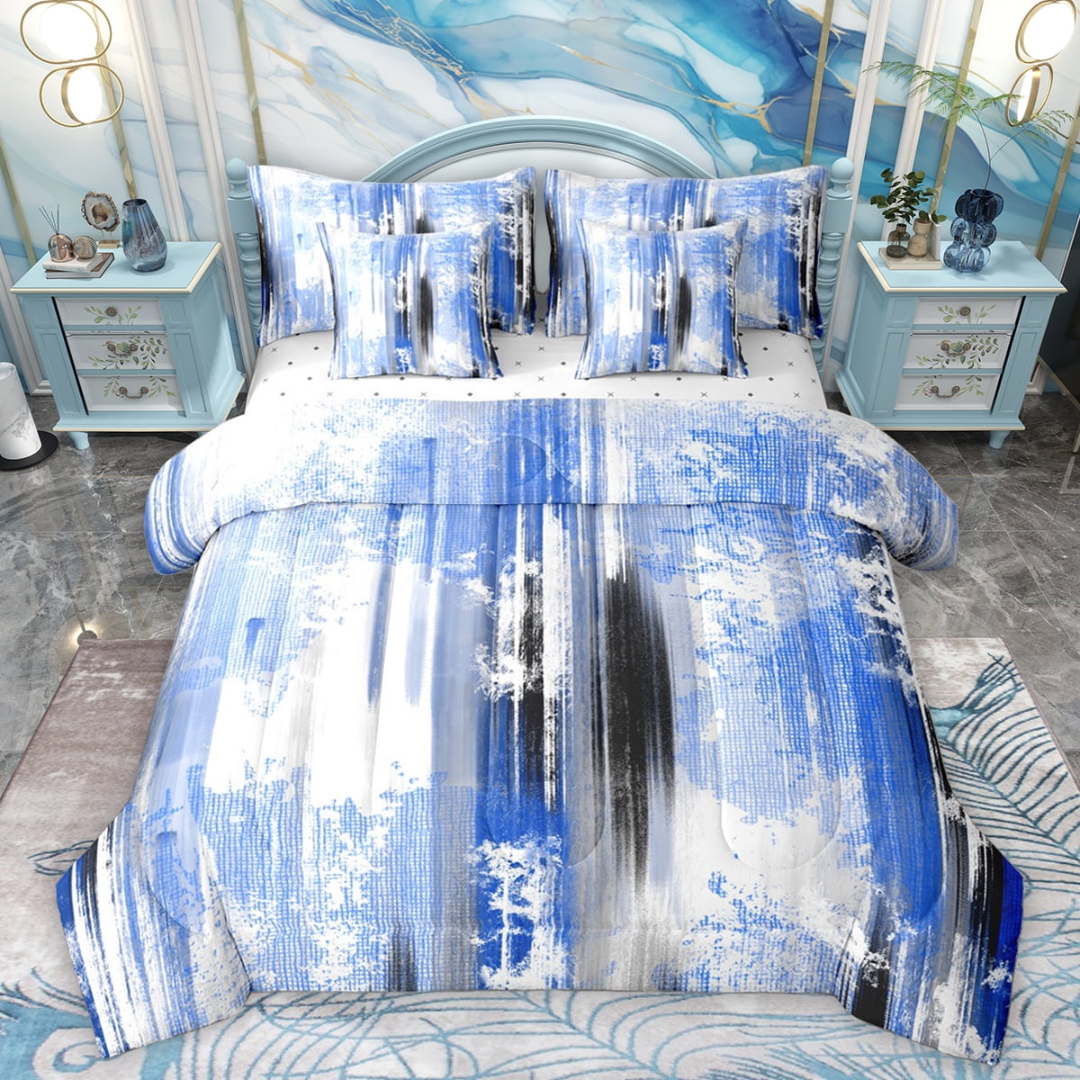 Homewish Blue Oil Printing Bedding Comforter Set 7 Pieces for Teens ...
