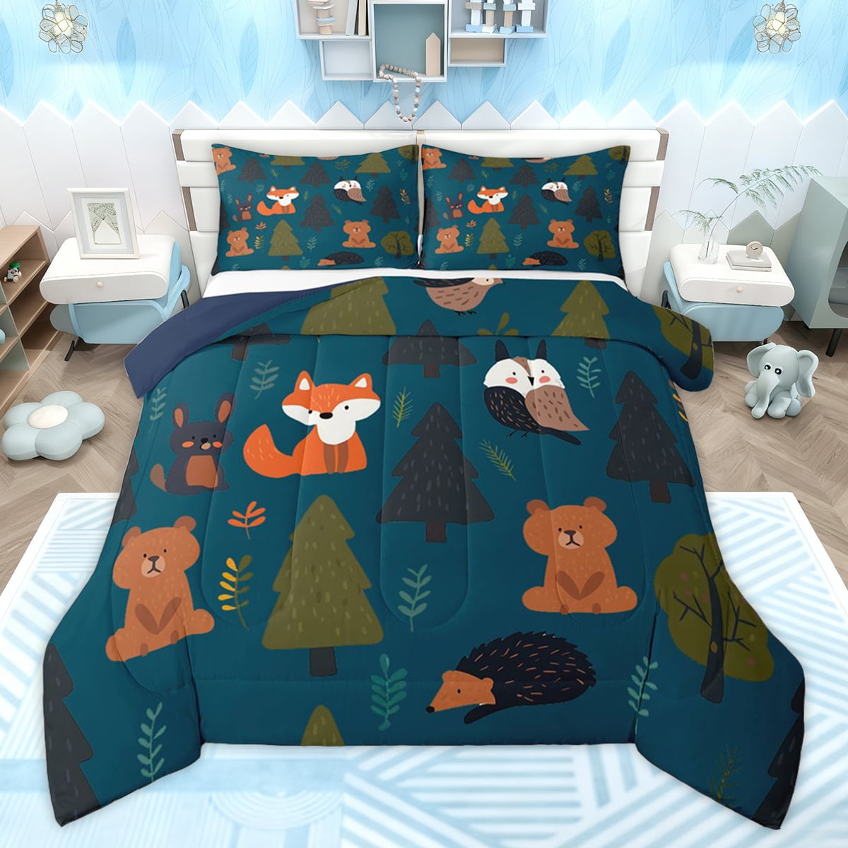 Homewish Blue Pine Tree Bedding Comforter Set for Child, Cute Bear ...