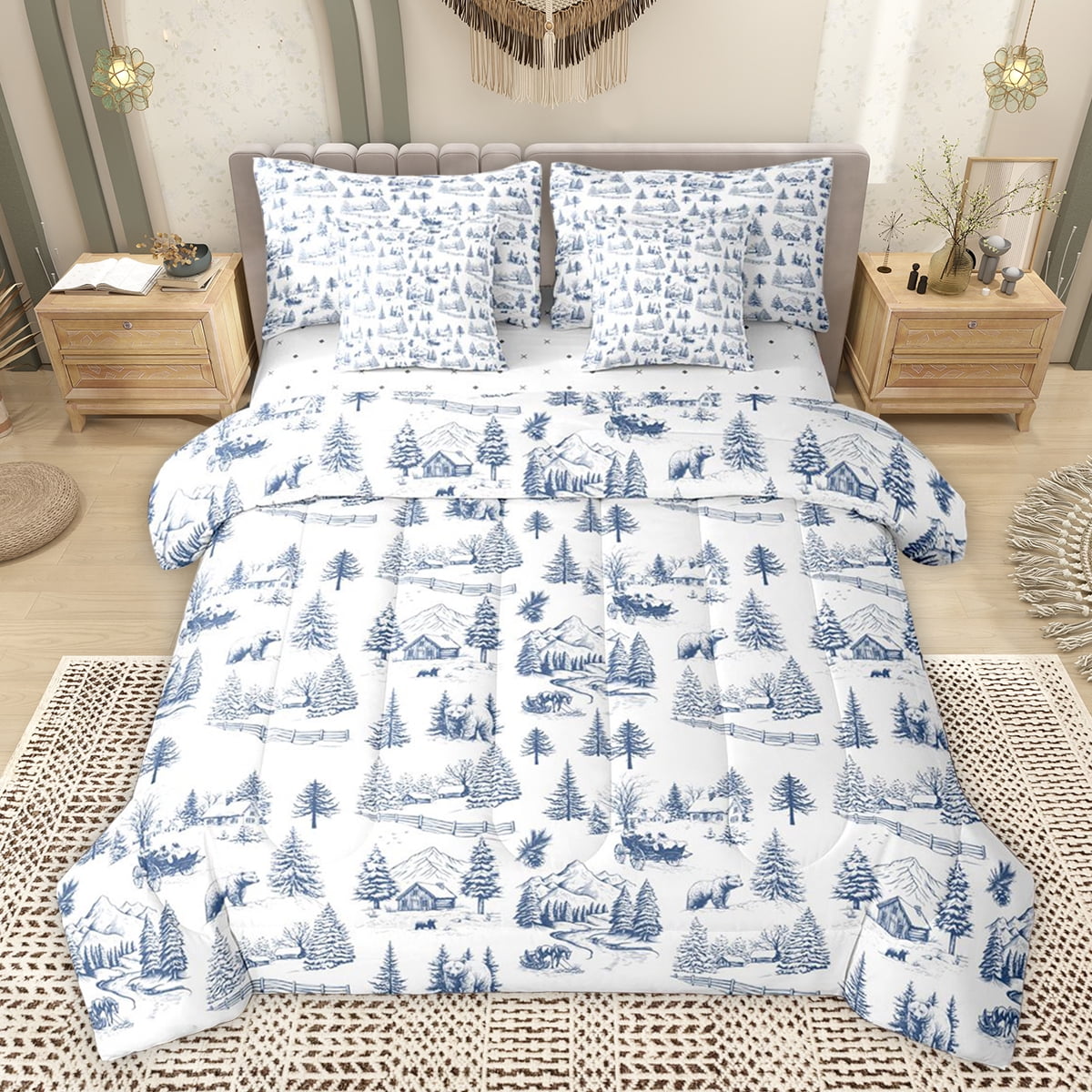 Homewish Blue Pine Tree Twin Bedding Sets 7-Piece for Teens, Rustic ...