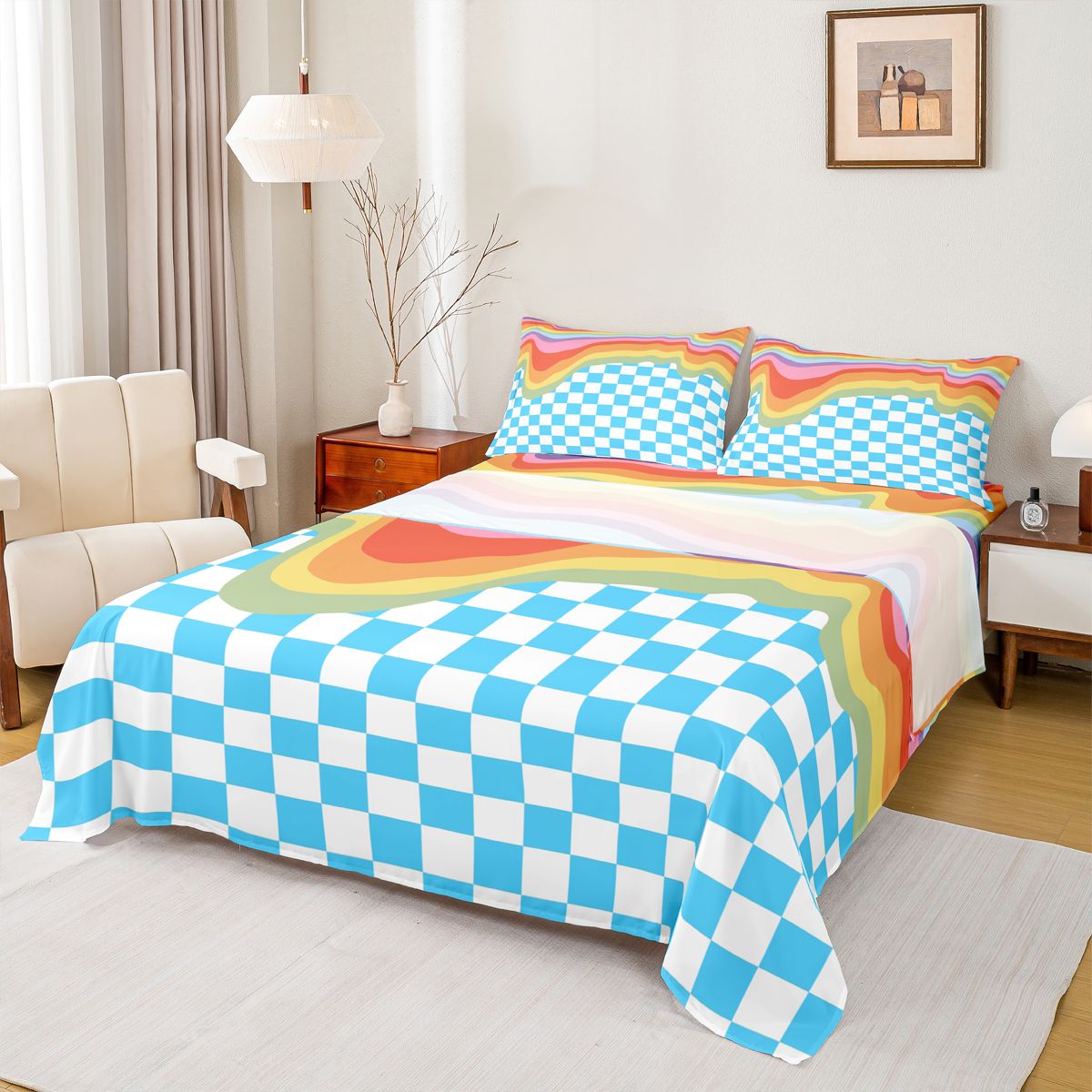 Homewish Blue Square Buffalo Queen Sheet Sets for Kids, Kawaii Rainbow ...