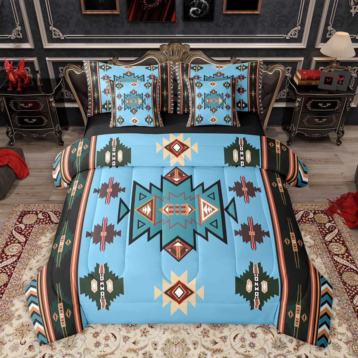 Homewish Blue Tribal Aztec Twin Bedding Sets 7-Piece for Adult ...
