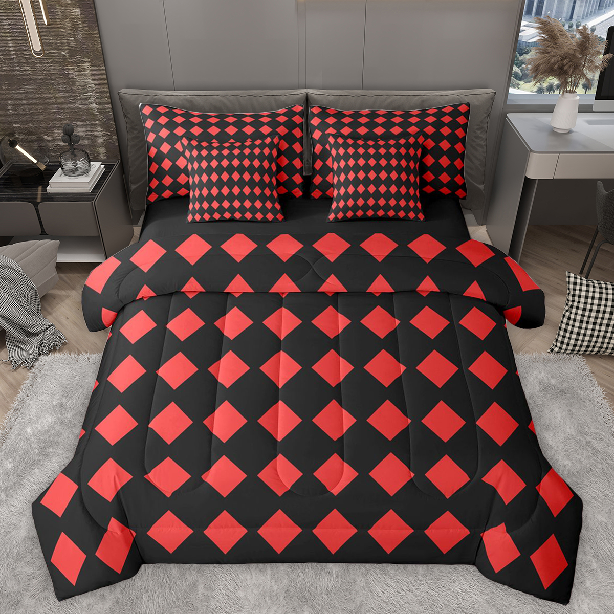 Homewish Bohemain Rhombus Print 7-Piece Bedding Comforter Set,Red Black ...