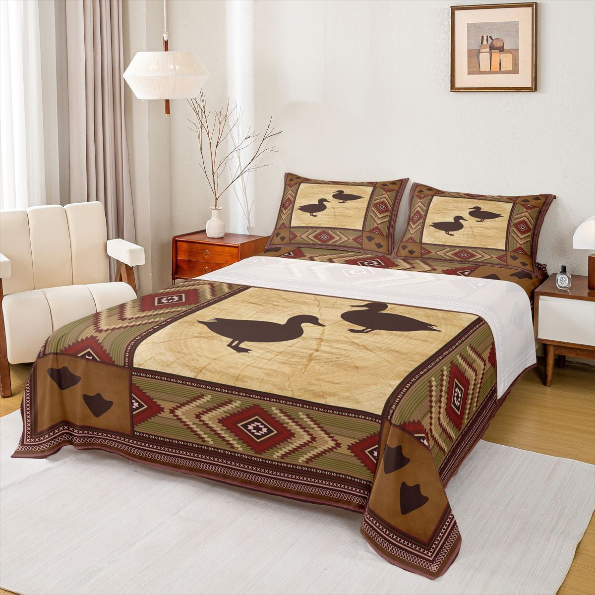 Homewish Bohemian Aztec Abstract Bed Sheets, Rustic Hunting Duck King ...