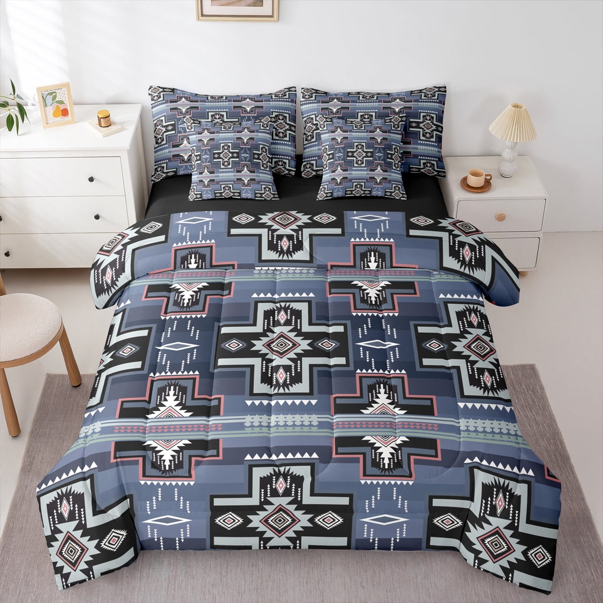 Homewish Bohemian Aztec Bedding Comforter Set 7pcs for Teen, Blue ...