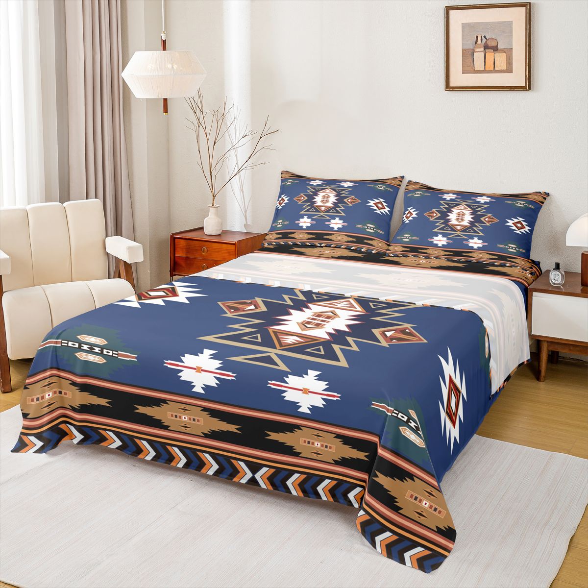 Homewish Bohemian Aztec Triangle Bed Sheets, Blue Brown Southwestern ...