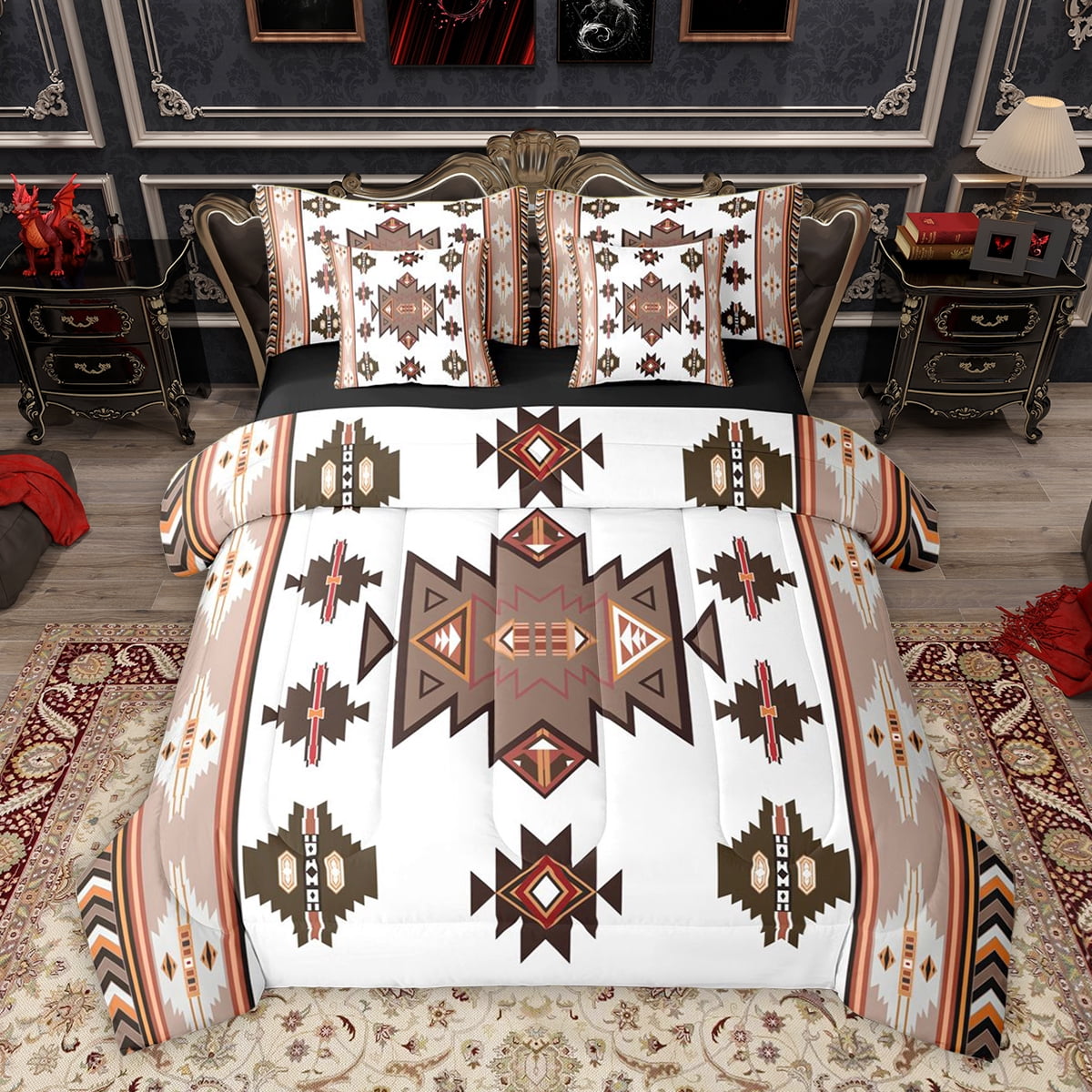 Homewish Bohemian Aztec Triangle Bedding Comforter Set 7pcs, White ...