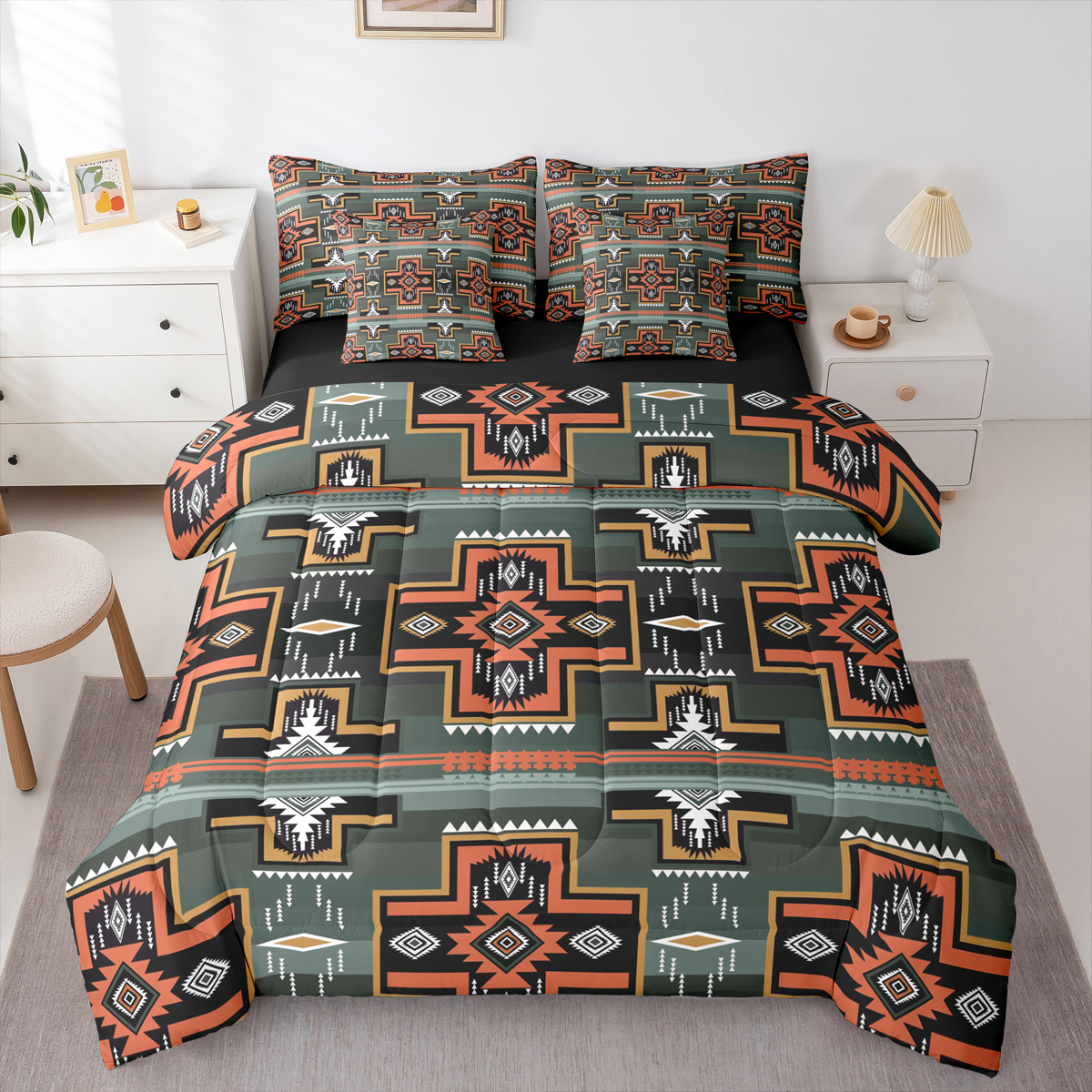 Homewish Bohemian Aztec Twin Bedding Sets 7-Piece for Teen, Teal Orange ...
