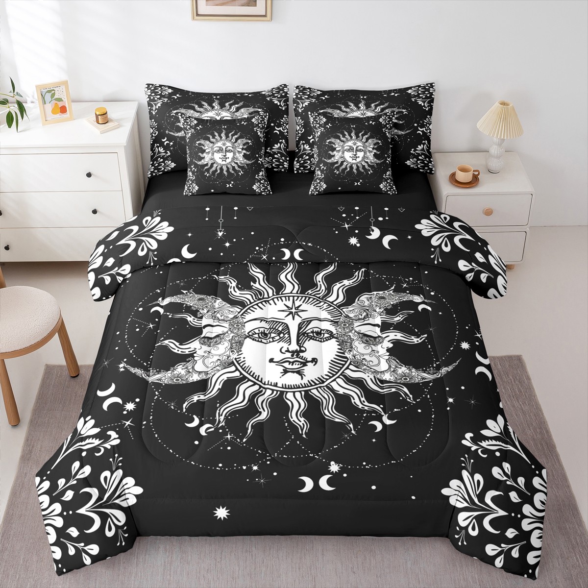 Homewish Bohemian Sun Moon Bedding Comforter Set 7 Pieces, Mystic Black ...