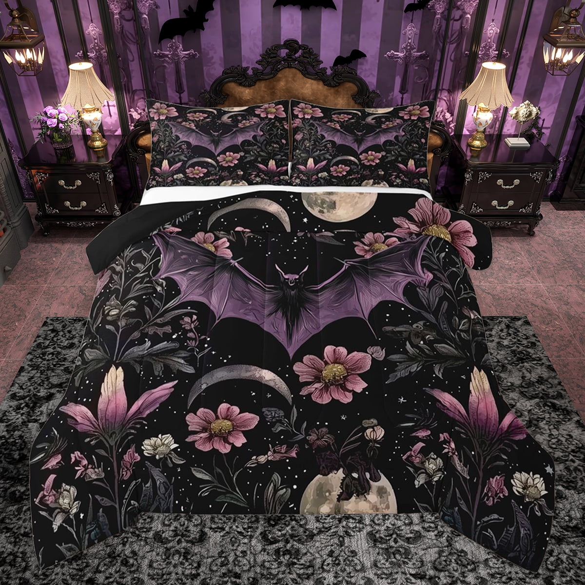 Homewish Boho Gothic Bat Bedding Comforter Set for Teens, Groovy Flower ...