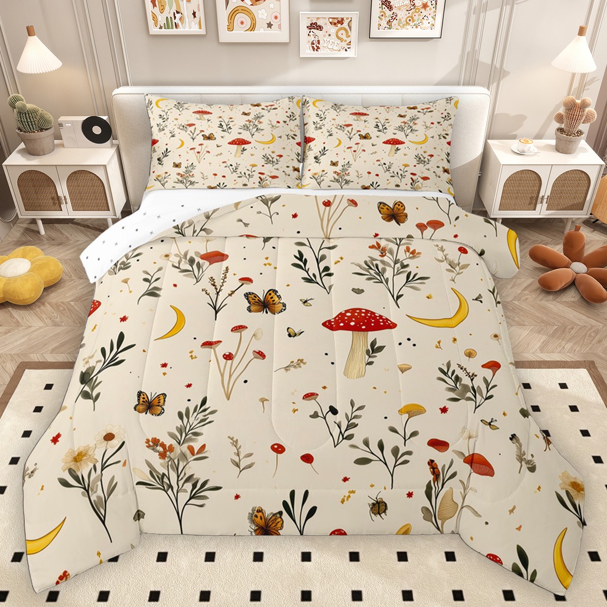 Homewish Botanical Red Mushroom 3 Pieces Queen Comforter Set for Kids ...