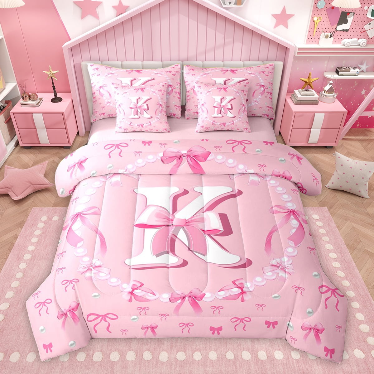 Homewish Bow Initial K Letter Twin Bedding Sets 7-Piece, Dreamy Fairy ...