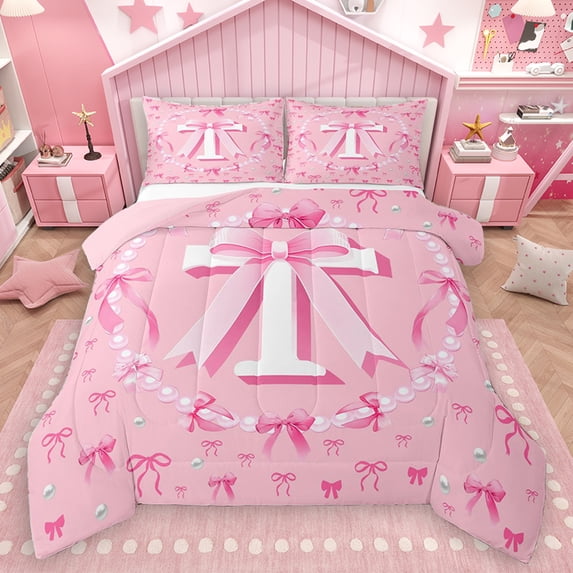 Homewish Bow Initial T Letter Queen Comforter Set, Dreamy Fairy Tale ...