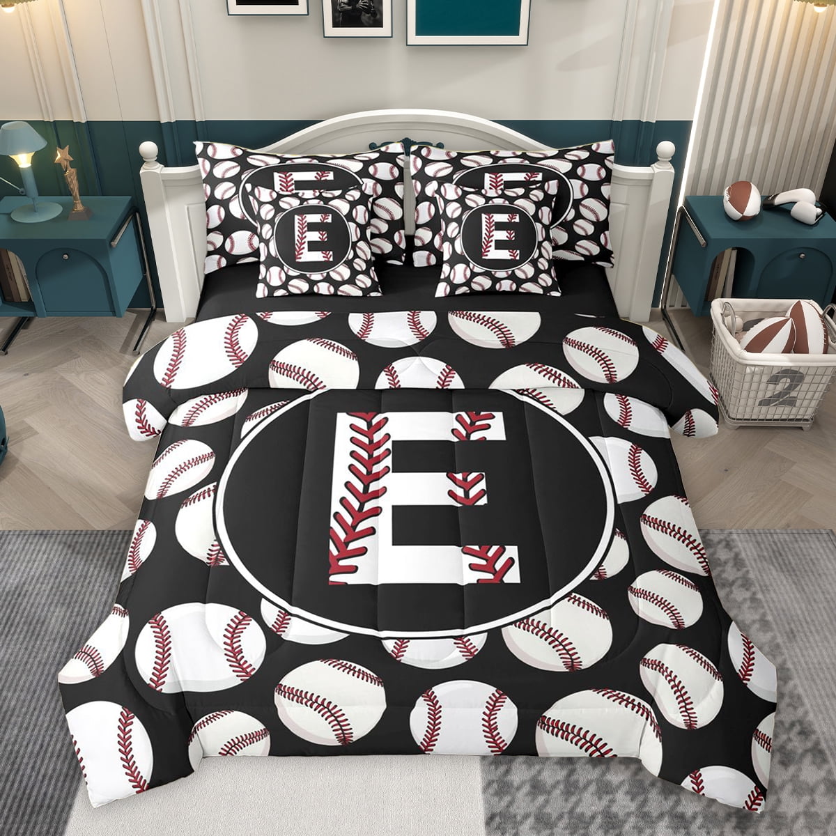 Homewish Boys Baseball Sports Bedding Comforter Set 7pcs, Cute Initial ...