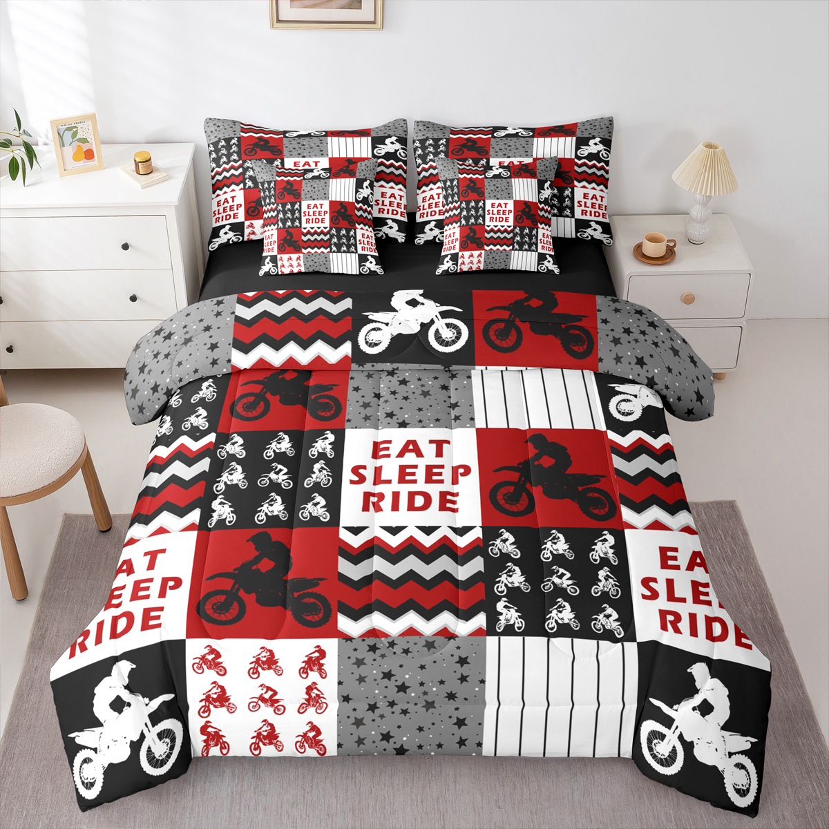 Homewish Boys Dirt Bike Bedding Comforter Set 7pcs, Black Red Buffalo ...